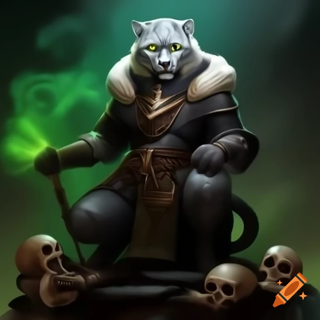 Dark fantasy snow leopard character in hooded robe over ornate armor ...