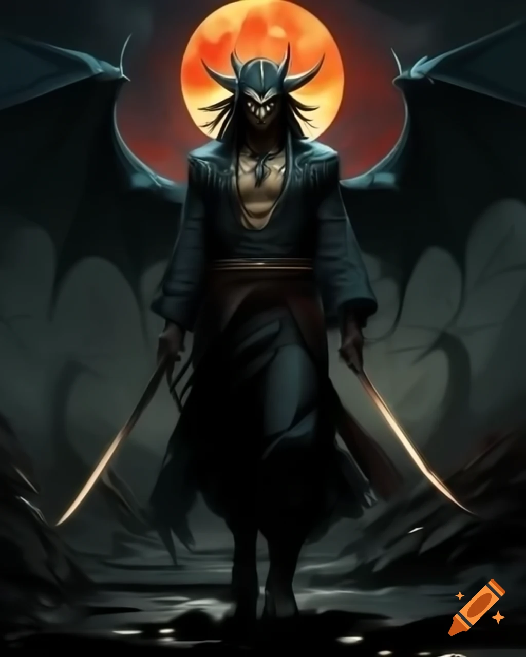 Legendary swordsman illuminated by moonlight, confronted by roaring ...