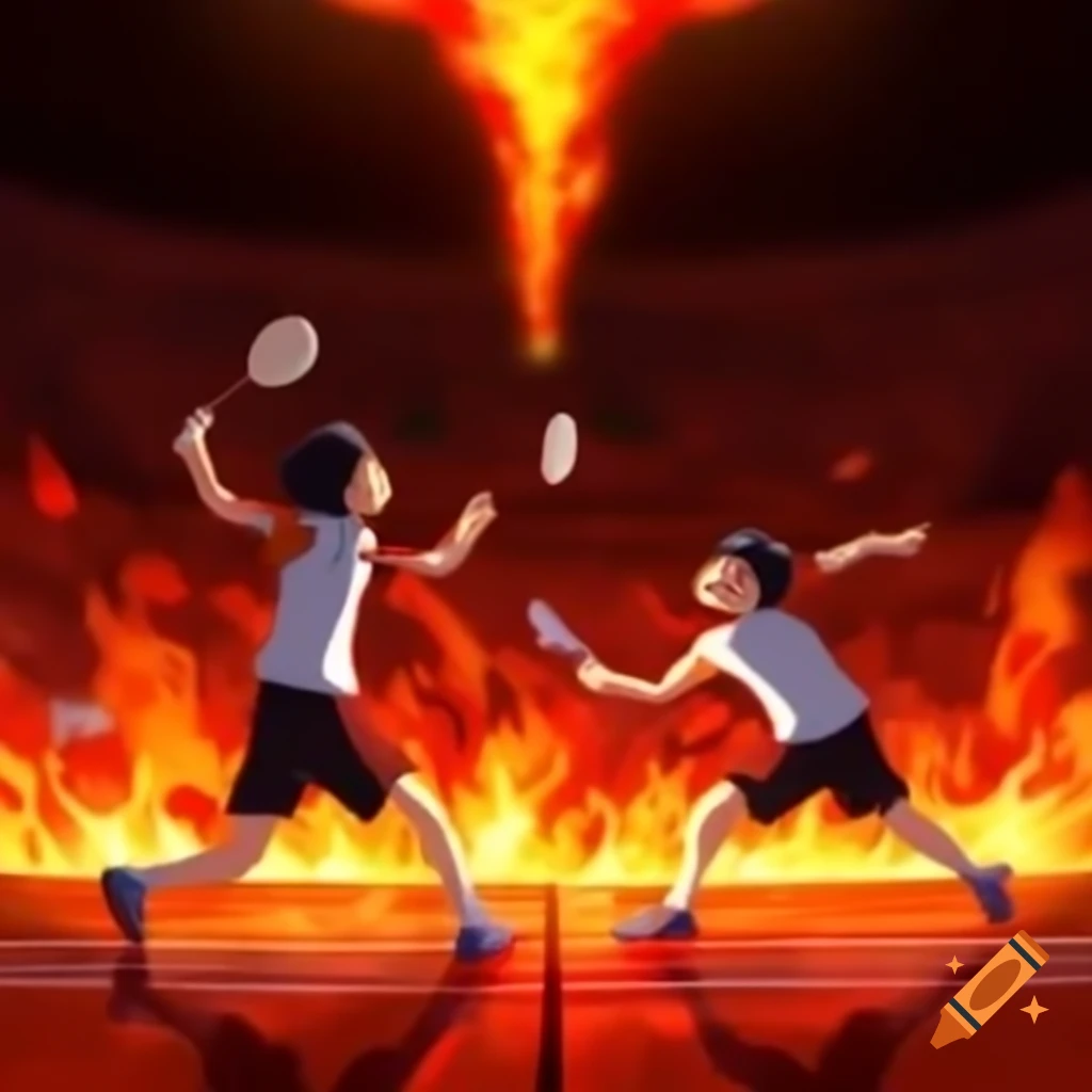 Anime style fiery badminton match between two guys on Craiyon