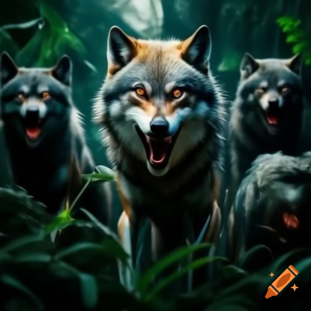 Fierce wolf and zombie facing each other in dark jungle on Craiyon