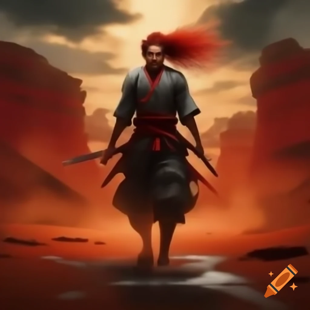 Red-haired samurai in desert wind with flowing ponytail on Craiyon