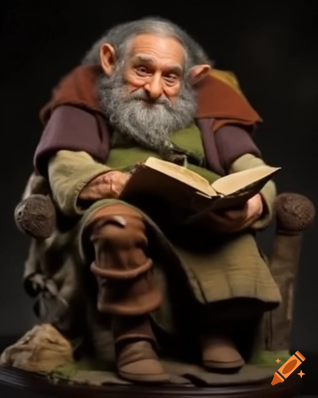 Old hobbit reading a book while sitting on rocky chair, bobblehead ...