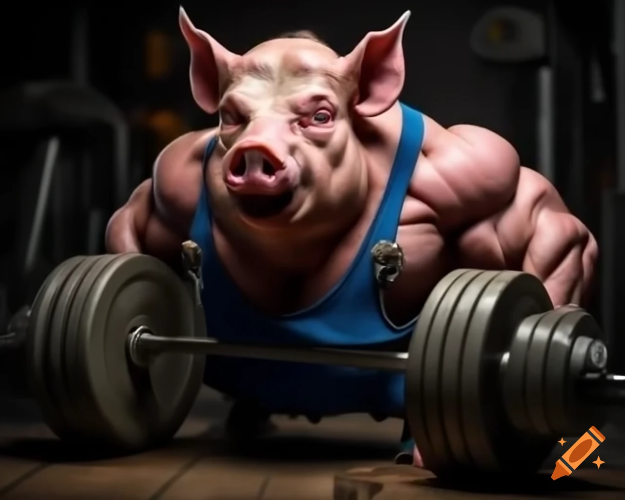 Muscular pig in workout attire lifting heavy weights with number 8 on ...