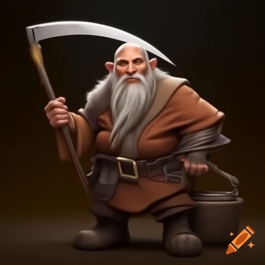 DND dwarf monk farmer holding sickle, wearing golden bracelet on Craiyon