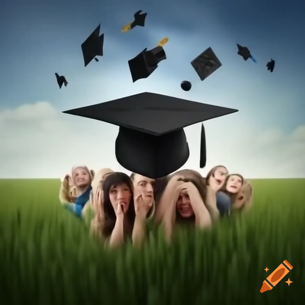 Graduation mortarboard hat hovering over group of people in a field on ...