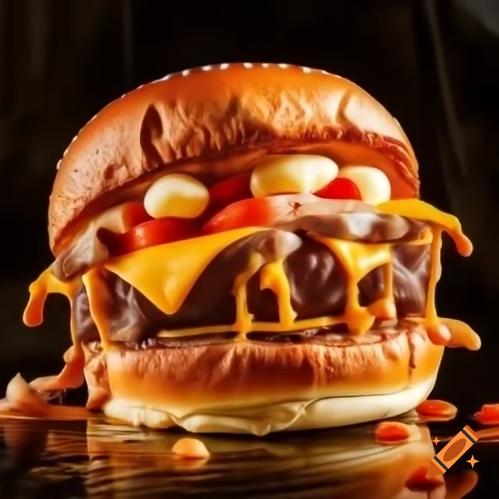 Fearsome monster made of hamburgers with dripping cheese and meat teeth ...