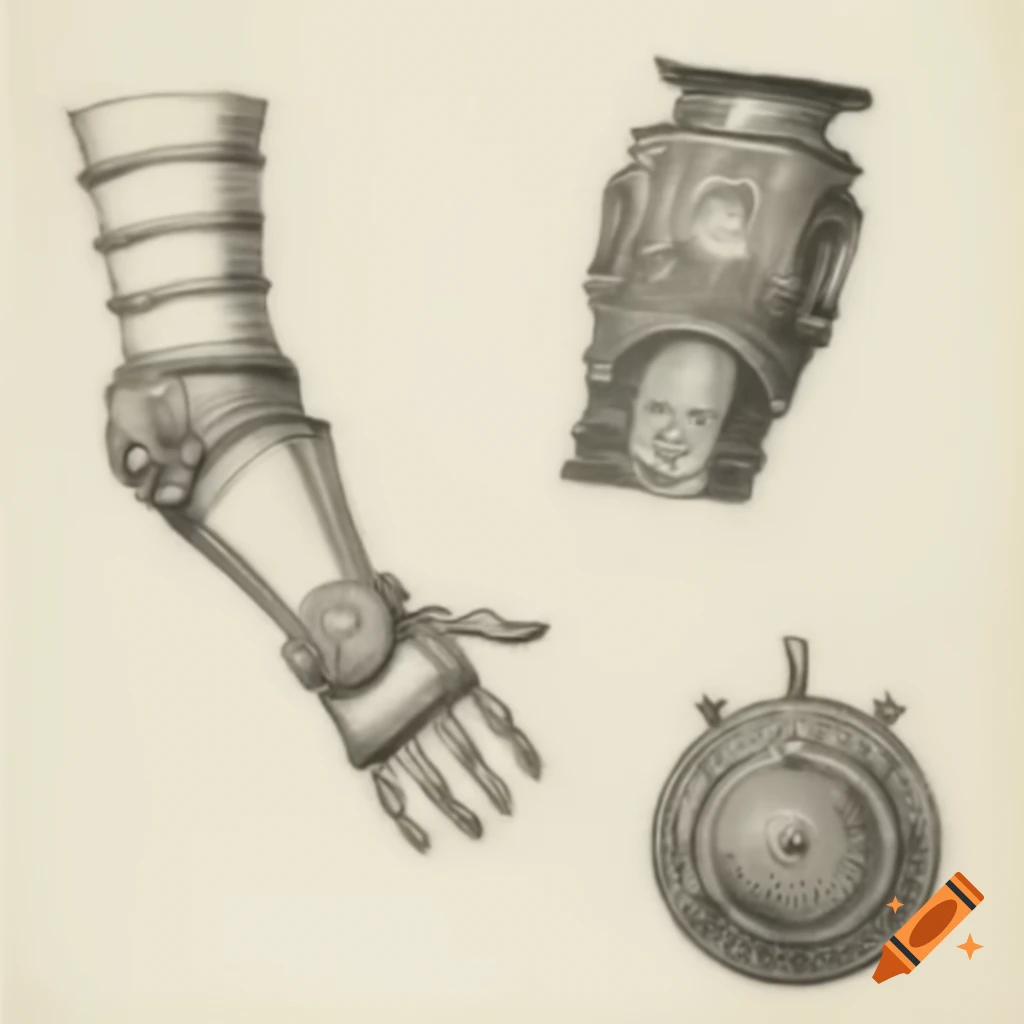Detailed sketch of a mechanical arm with intricate engravings and armor ...
