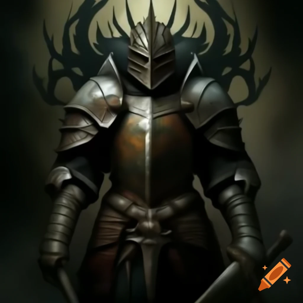 Dark medieval knight in battle-scarred armor with gothic engravings and ...