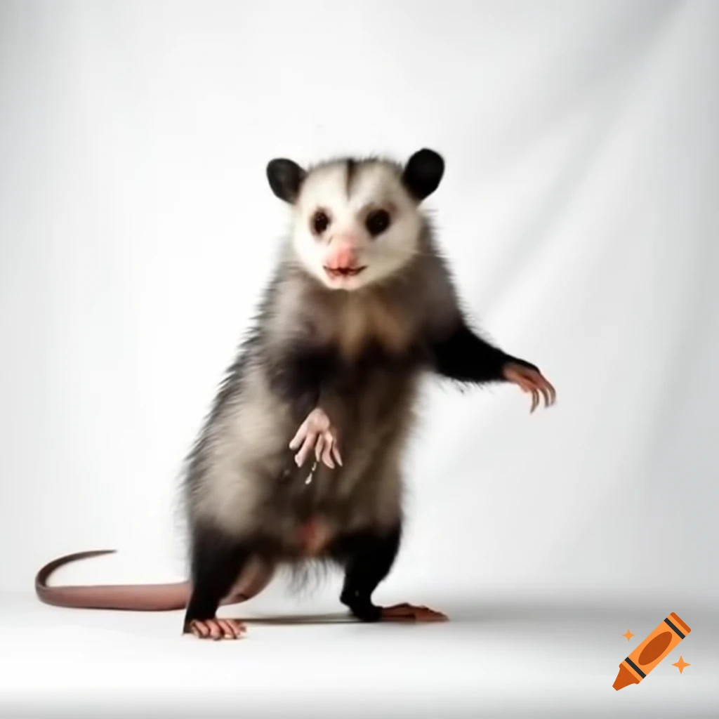 Photorealistic fat opossum standing on hind legs against white backdrop ...