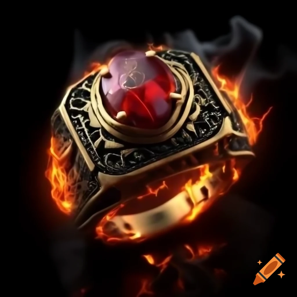 Hyperrealistic fiery black, red, and gold ring with dwarven runes and ...