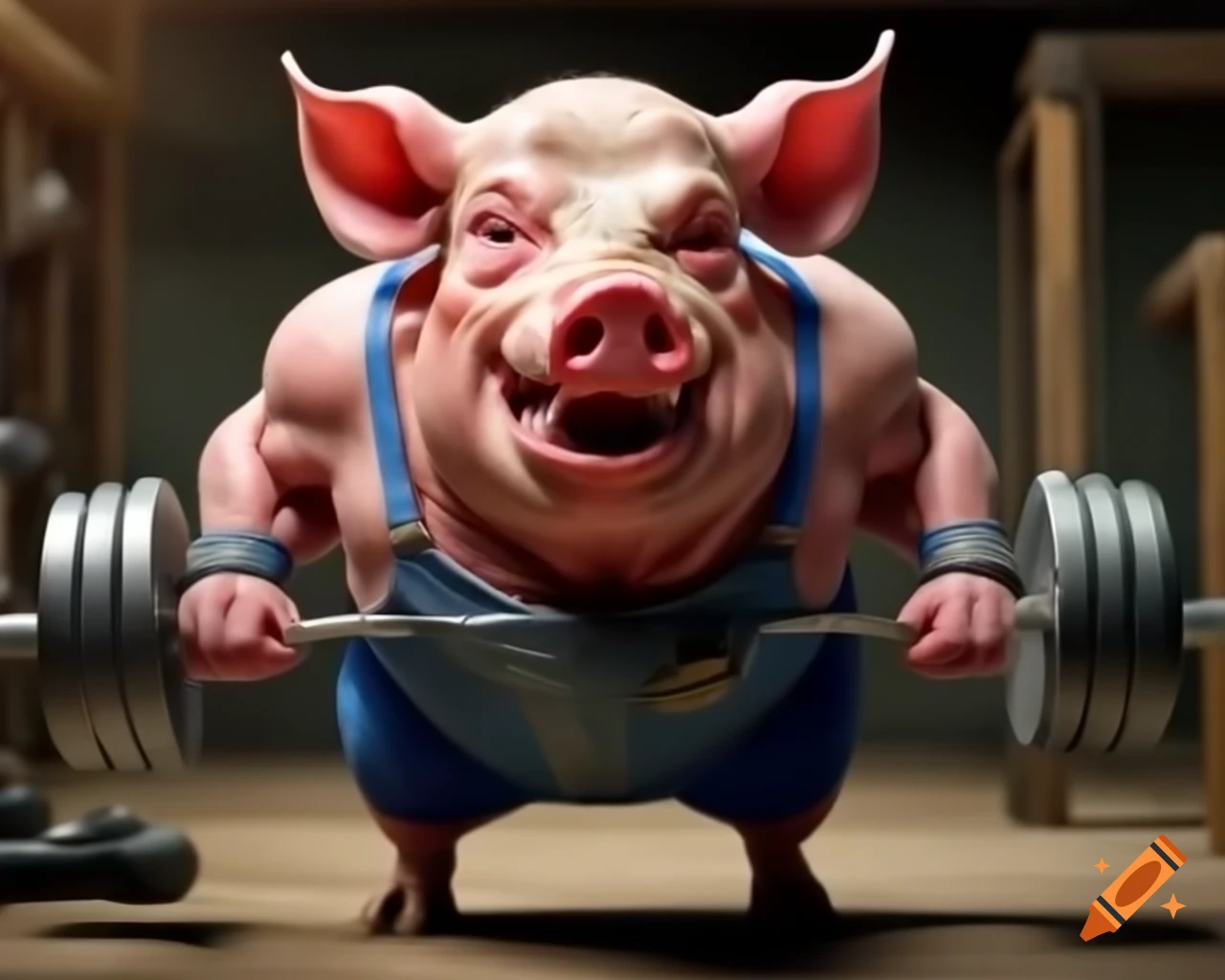 Muscular pig in workout attire lifting weights with a wink on Craiyon