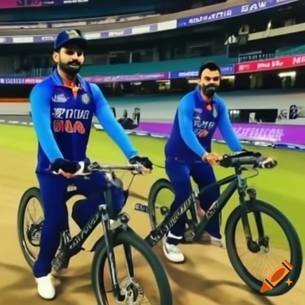 Virat Kohli and Rohit Sharma riding a bike in a stadium on Craiyon