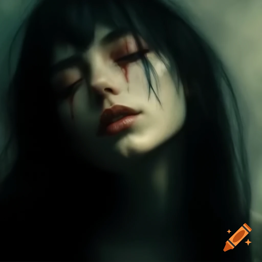 Ethereal androgynous figure with long black hair in vintage style on ...