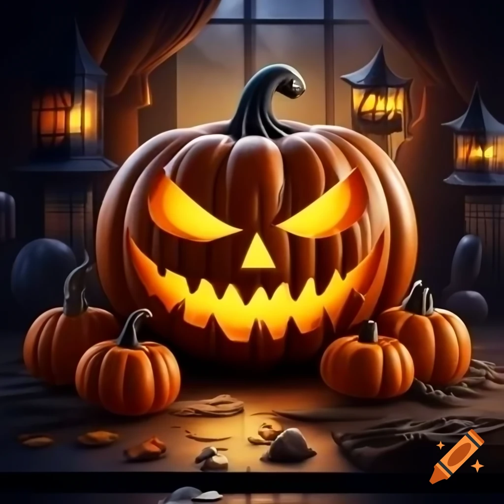 Spooky Halloween pumpkin with eerie facial features on Craiyon