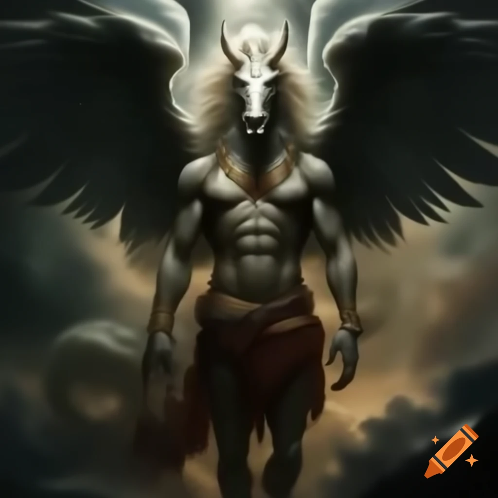 Mythical programmer god with pegasus head and wings spread, embodying ...