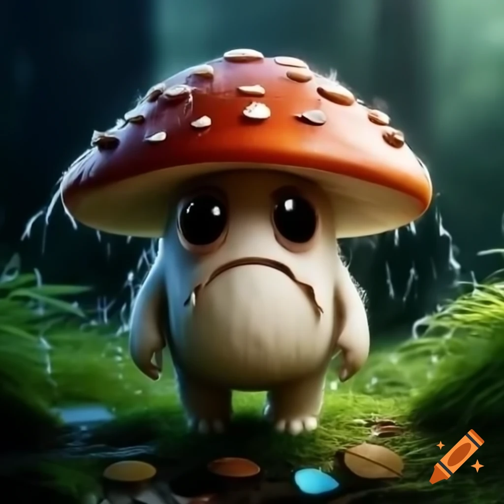 Kawaii mushroom creature with big crying eyes in lush forest with ...