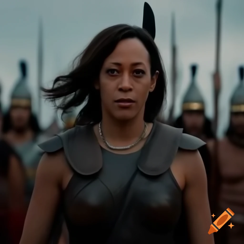 Kamala Harris depicted as an ancient warrior in a victorious pose on ...