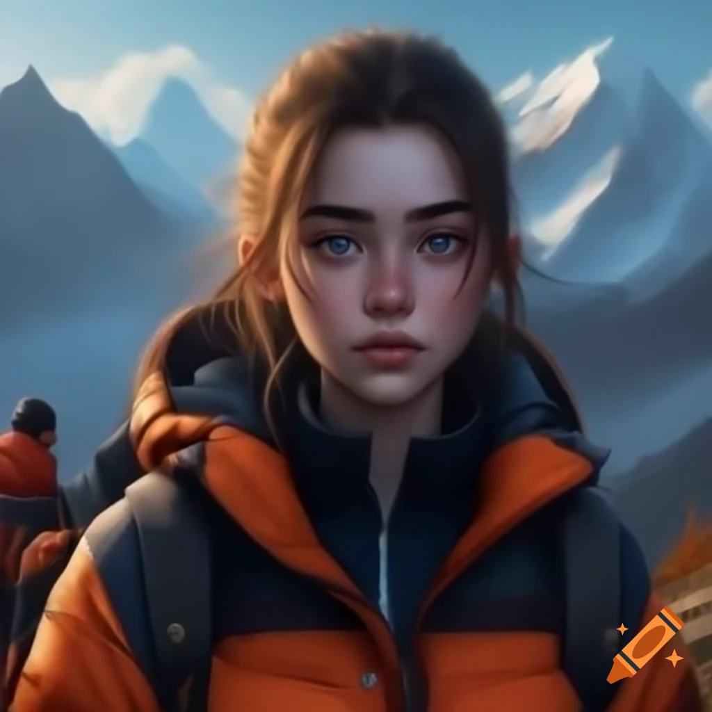 Young European woman in orange and black jacket on a crowded mountain ...