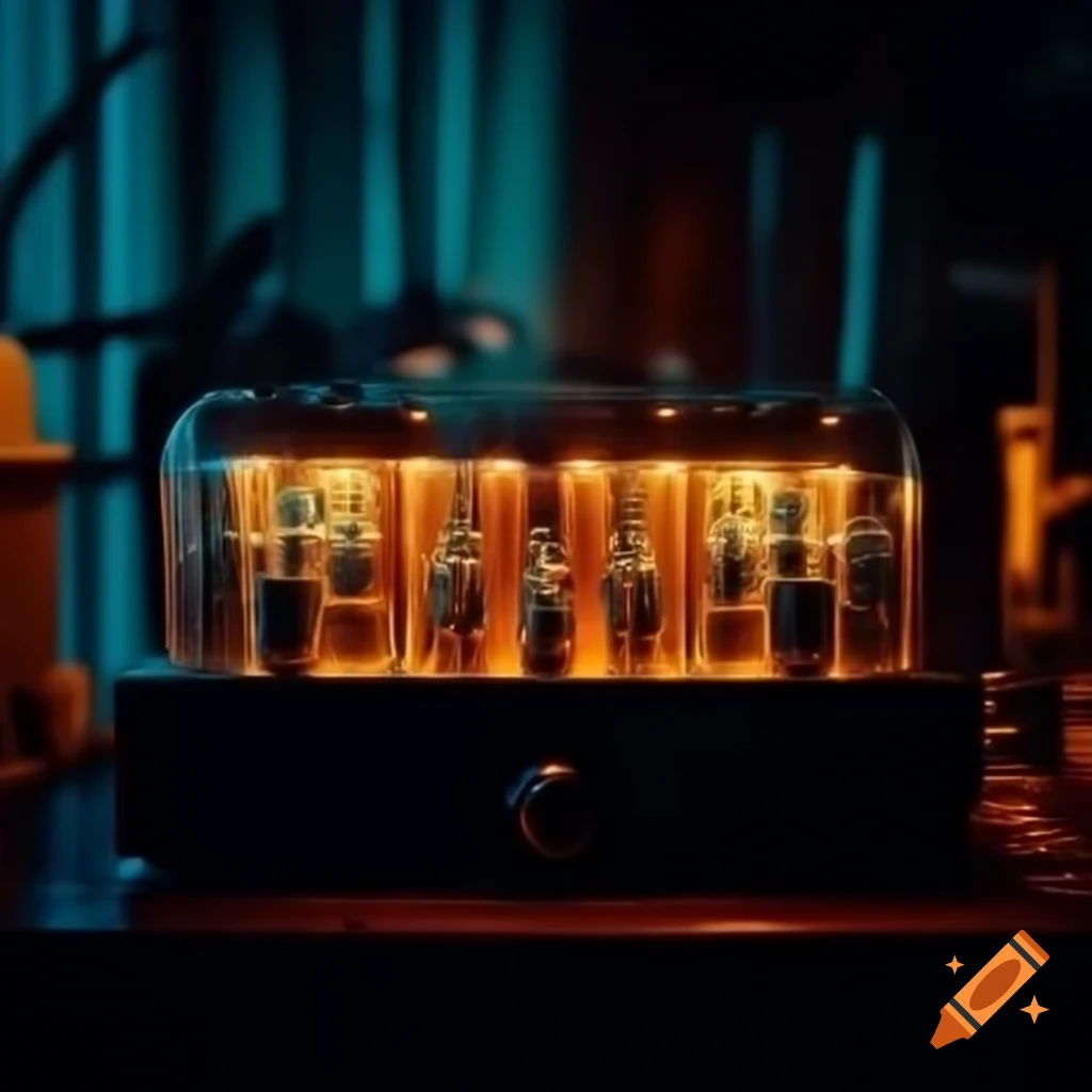 Tube amplifier with glowing tubes in dark room setting on Craiyon