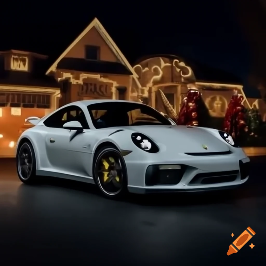 Porsche-themed Christmas scene with roaring engines and holiday lights ...