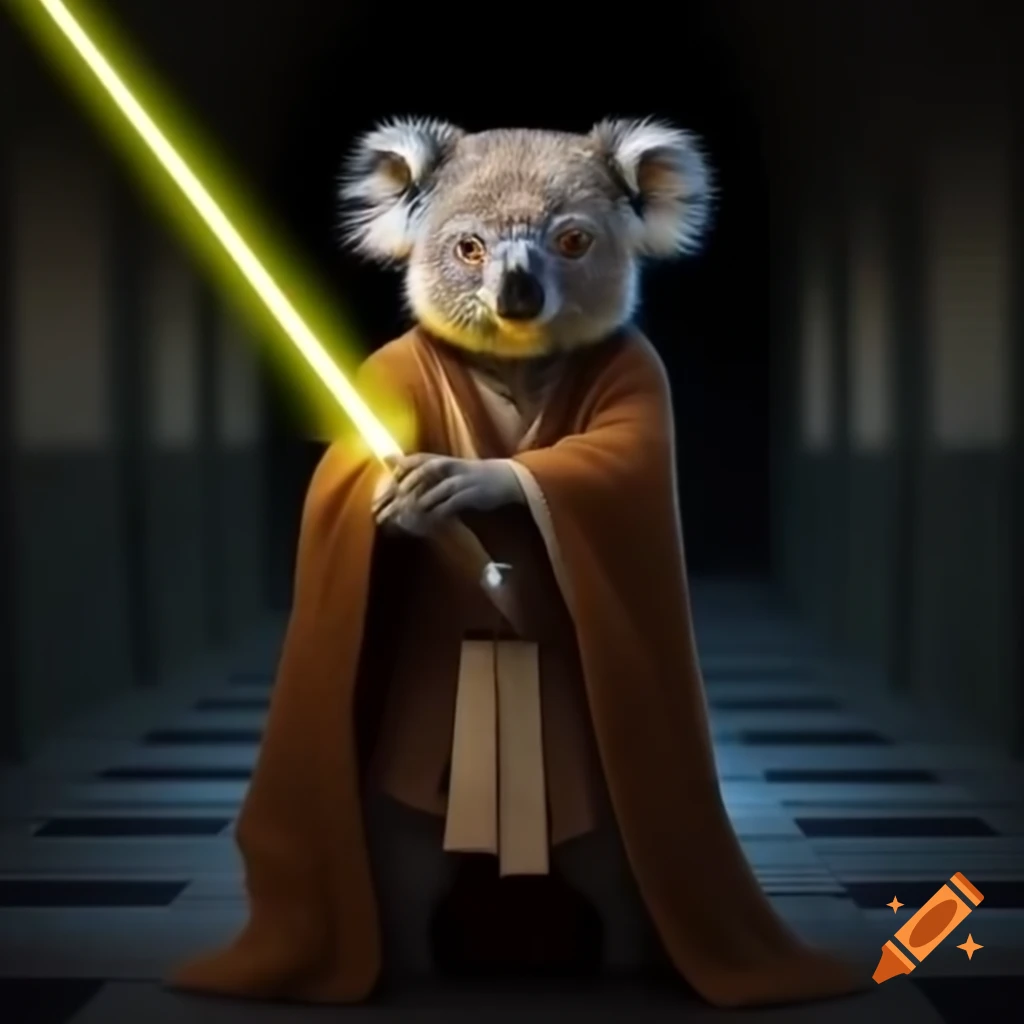 Jedi koala in brown robes wielding yellow lightsaber in dark corridor ...