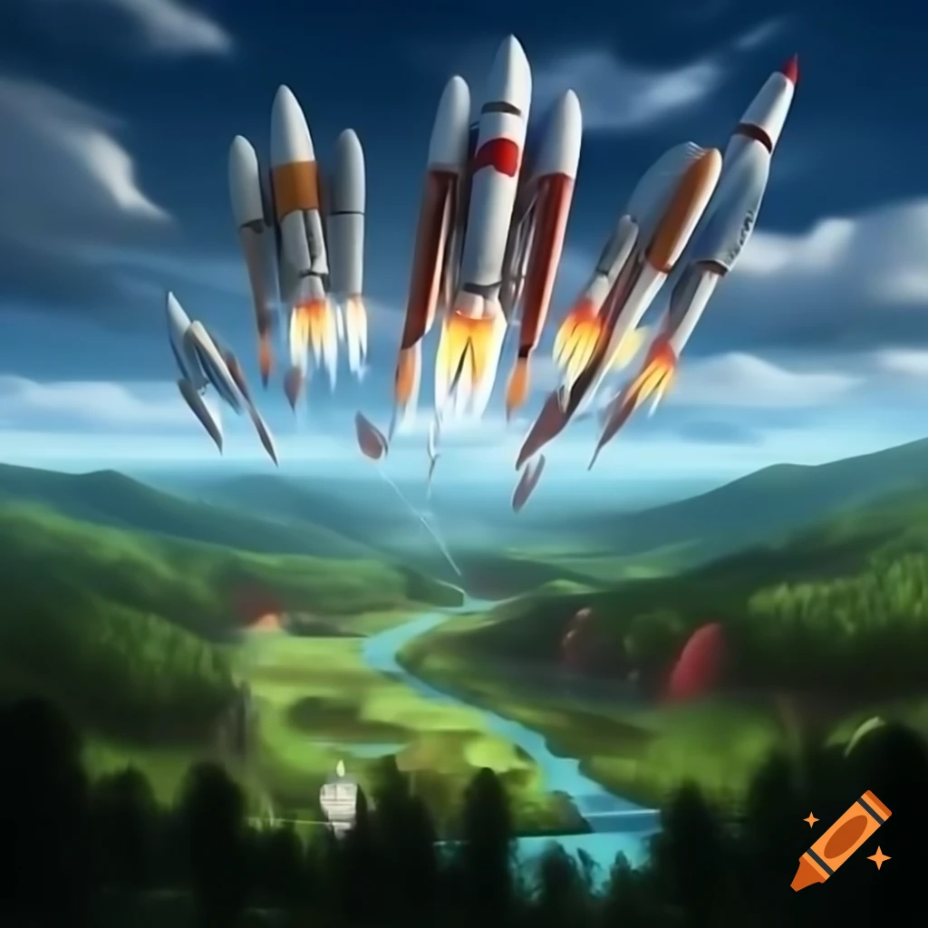 Rockets flying over vibrant natural landscape with forests and river on ...