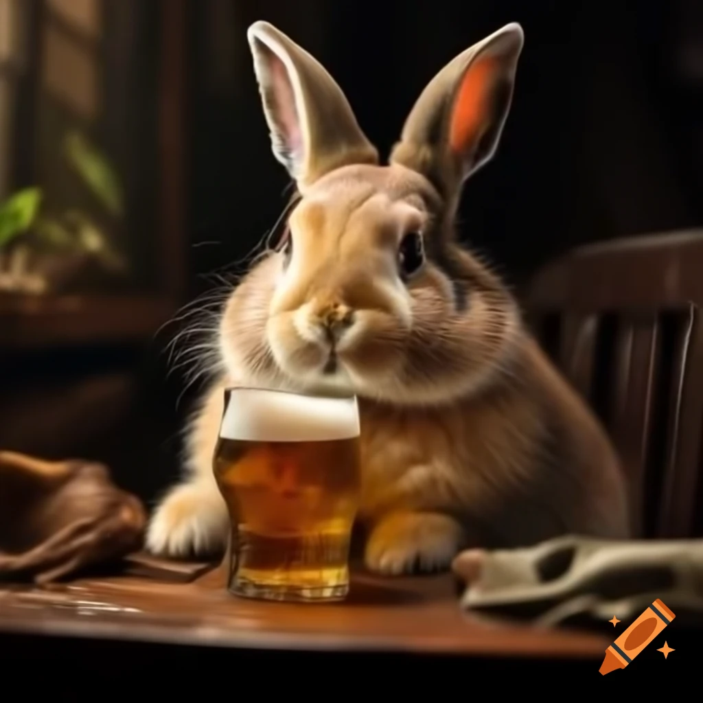 Fluffy rabbit enjoying a beer in a playful moment on Craiyon