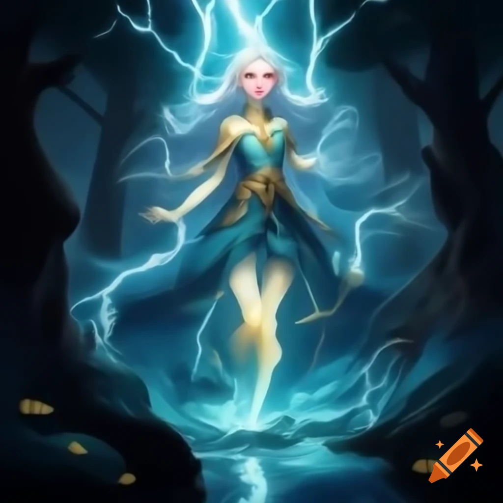 Lightning god with elf-like features, silvery hair and blue eyes on Craiyon