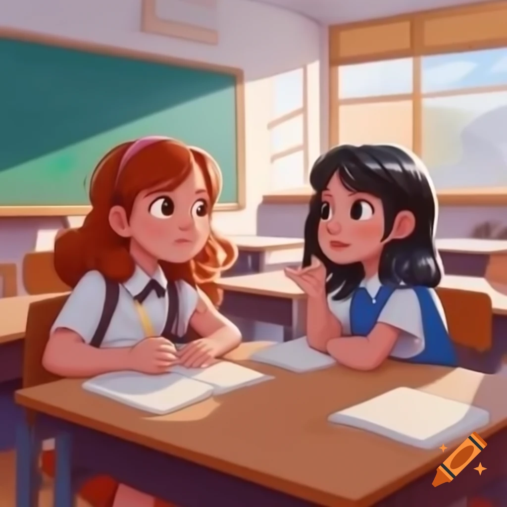 Comic style drawing of two girls talking in a classroom on Craiyon
