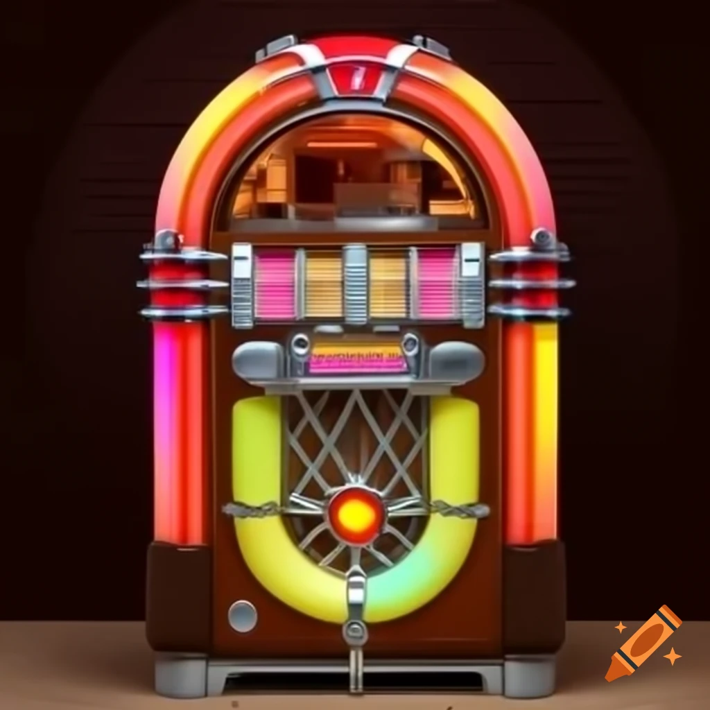 Design of a jukebox with four sections and two sets of buttons numbered 1 to 5 on Craiyon