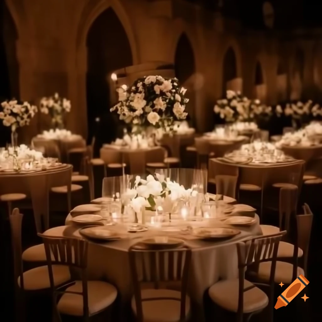 Candlelight-themed wedding decor with round tables and white roses on ...