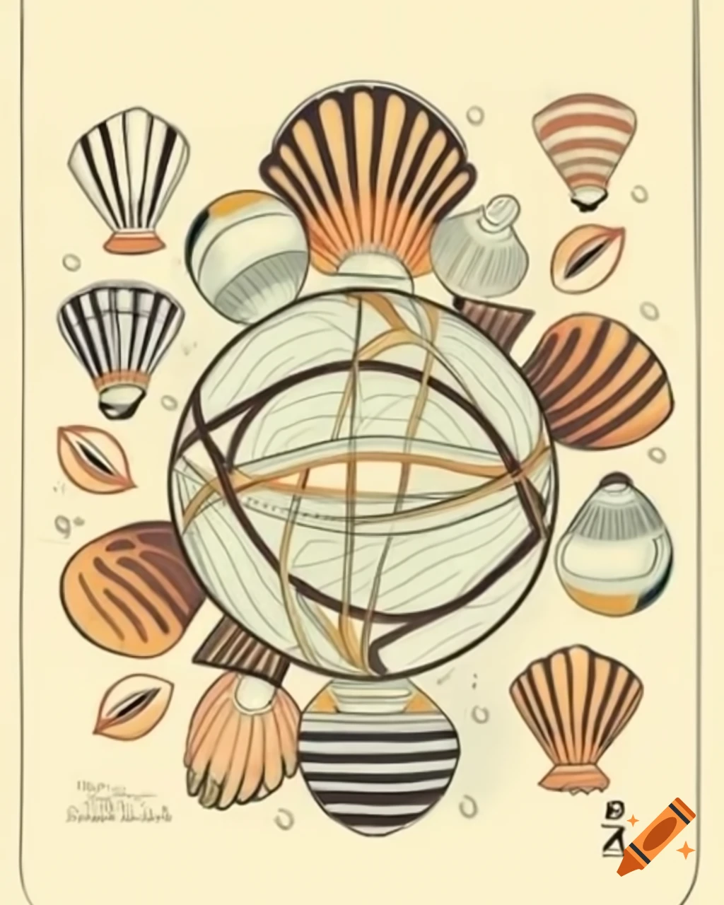 Ancient globe surrounded by shells in a mixed art style of Byzantine ...