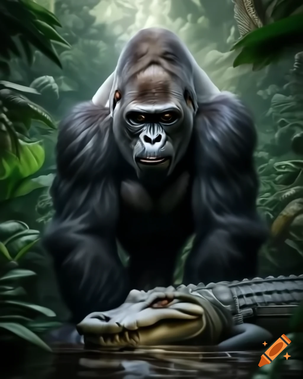 Silverback gorilla and crocodile facing off in tropical rainforest on ...