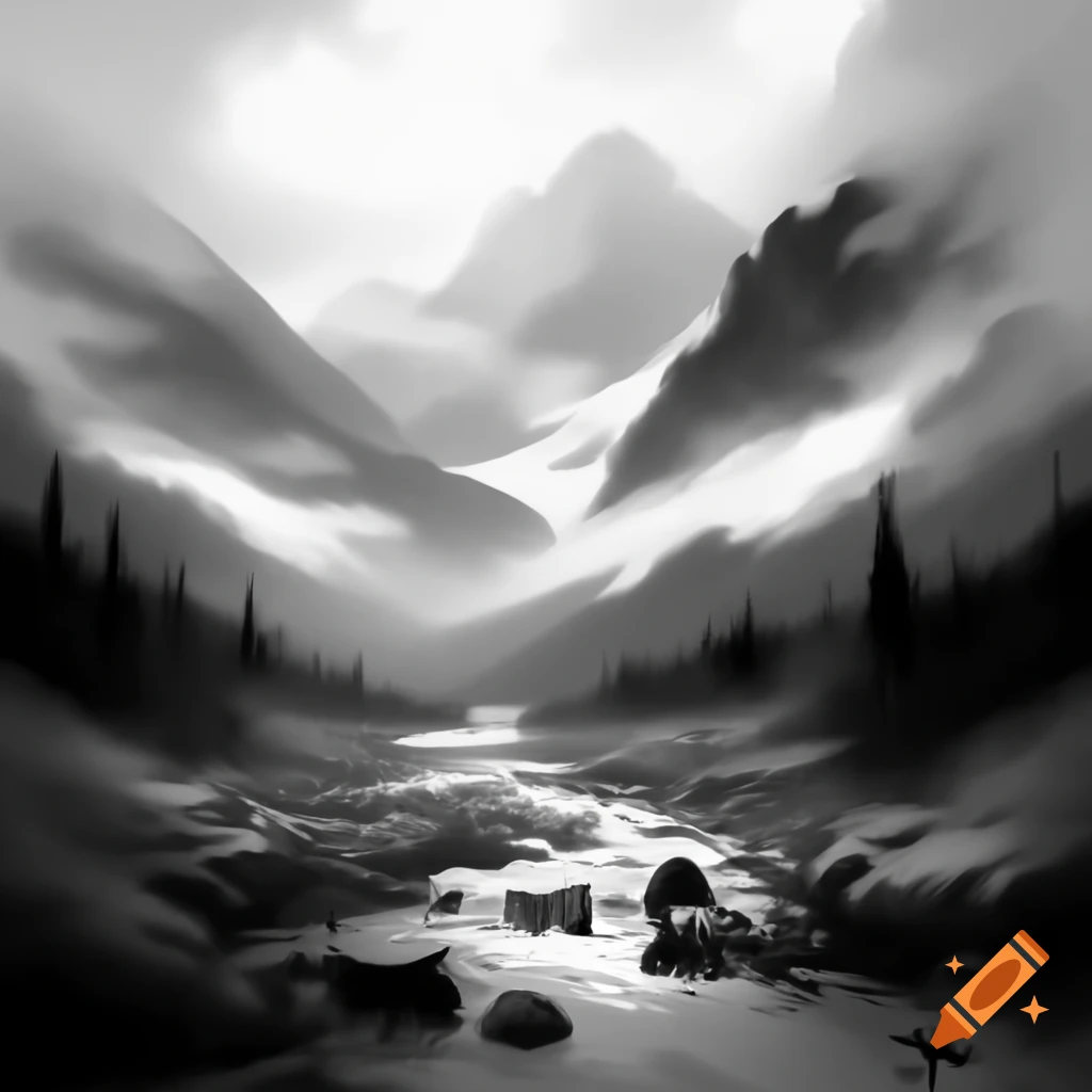 Monochrome ink painting of misty mountains and flowing stream on Craiyon