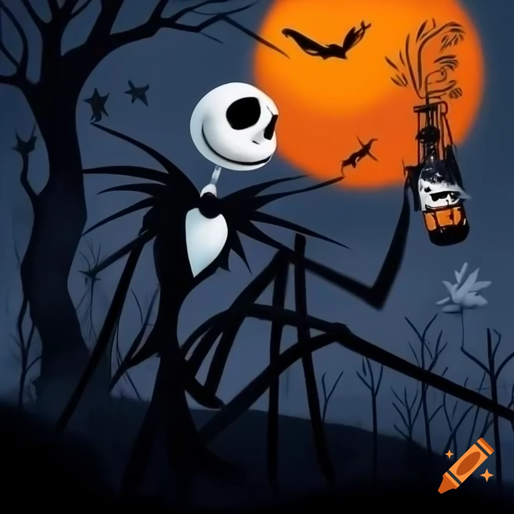 Gothic Jack Skellington holding black bottle with spooky trees and ...