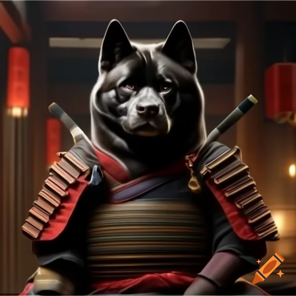 Anthropomorphic black Akita dog in Samurai armor on Craiyon