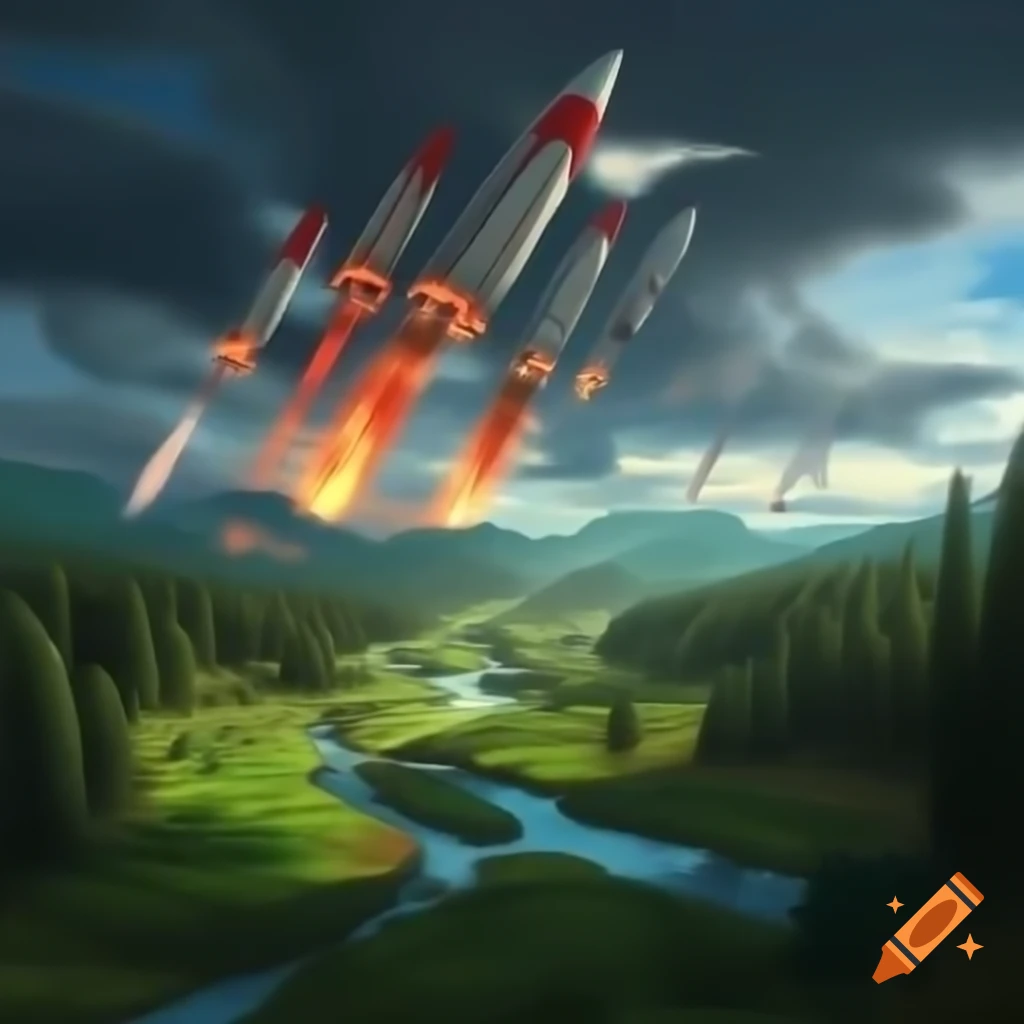 Rockets flying over vibrant natural landscape with forests and river on ...