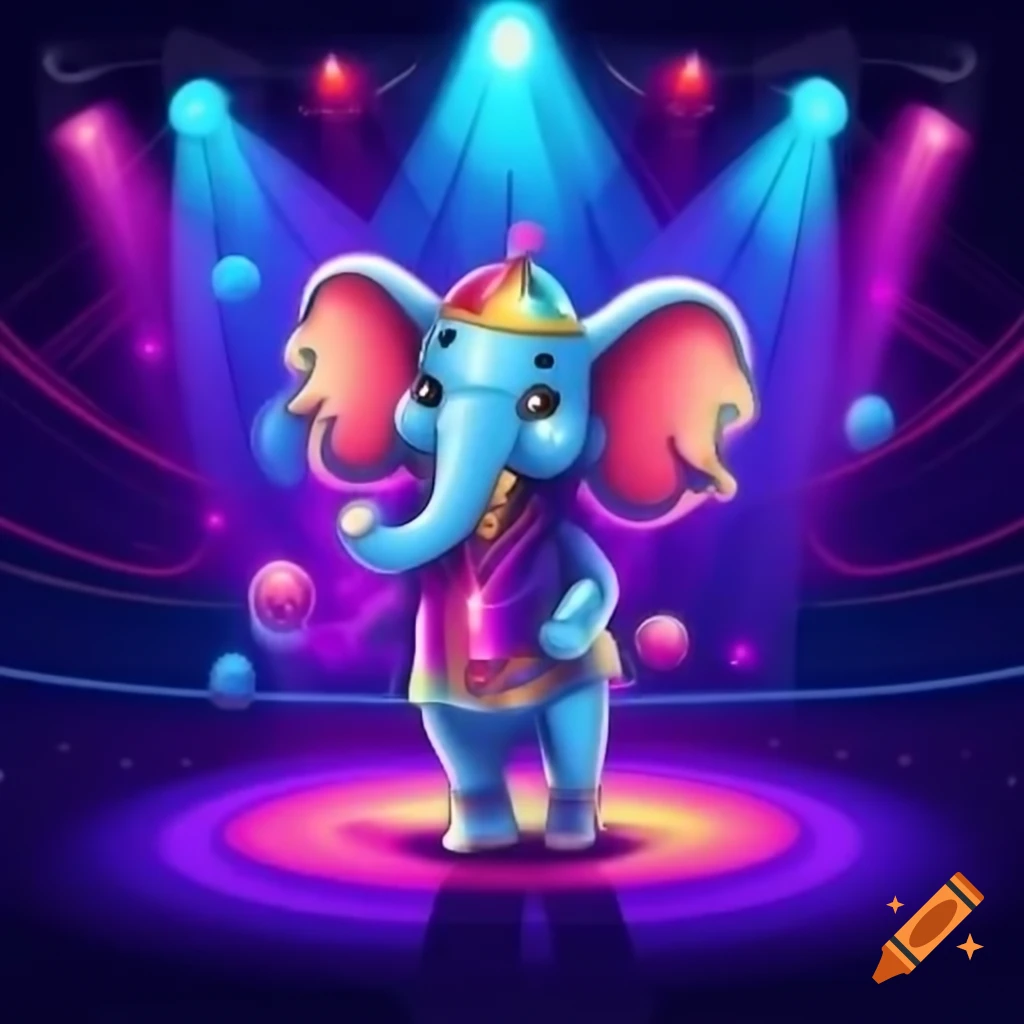 Dapper elephant dancing in colorful nightclub with disco lights on Craiyon