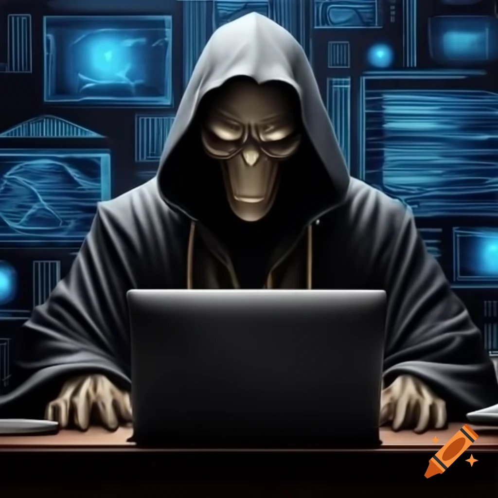 Hooded wizard in black typing programming codes on computer on Craiyon
