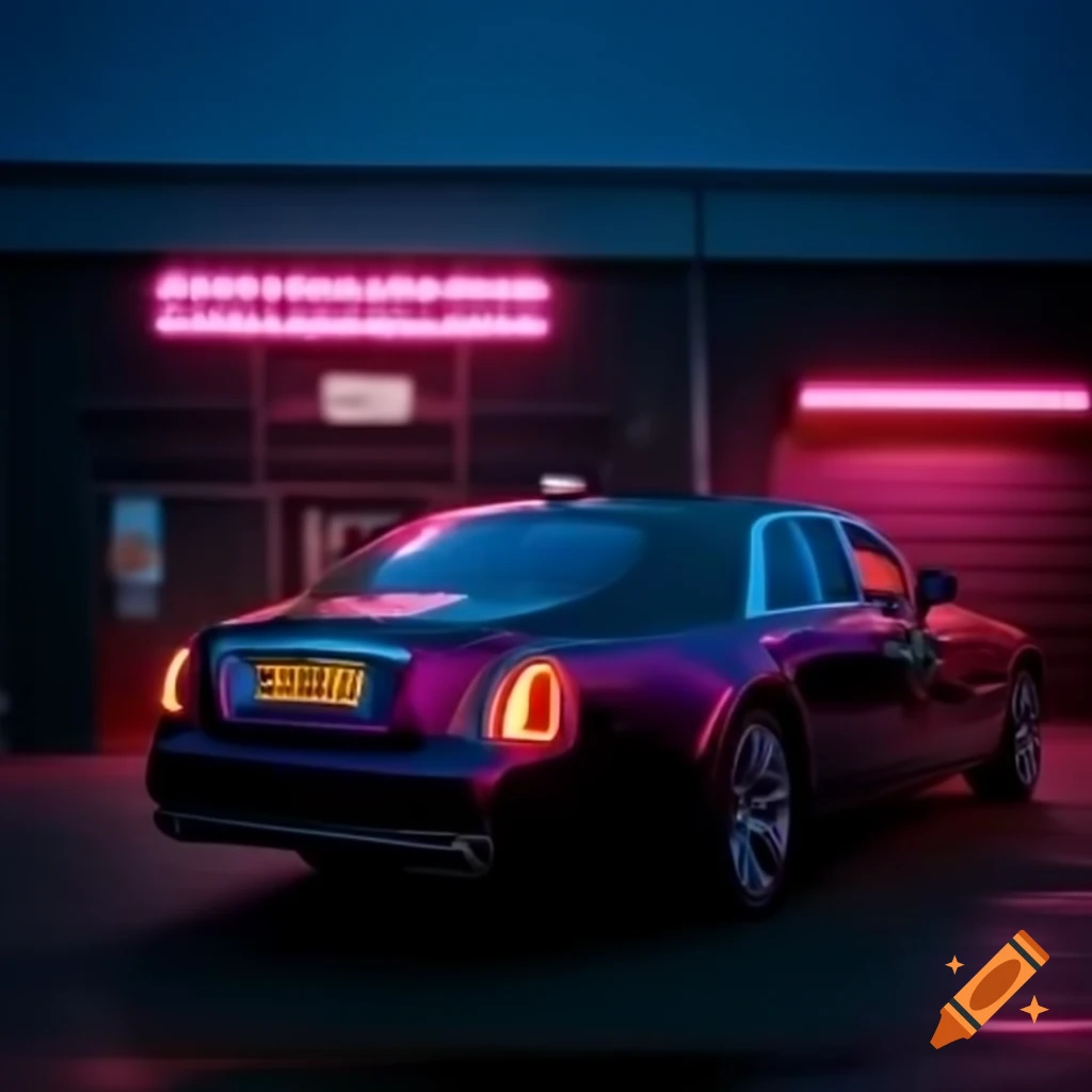 Rolls Royce with neon lights parked in front of company, number plate ...