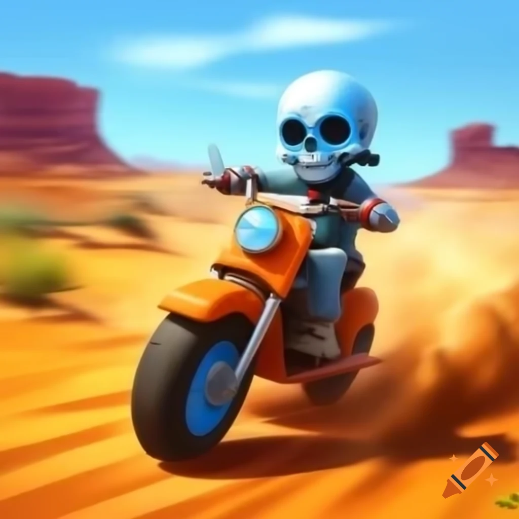 Young rider racing on funky orange scooter through dusty desert trails ...