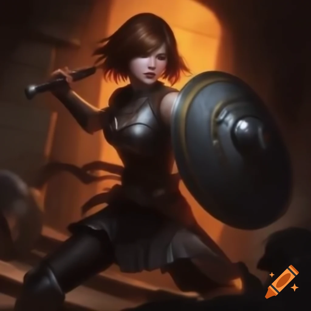 Brave female fighter with sword and shield, gazing over her shoulder ...