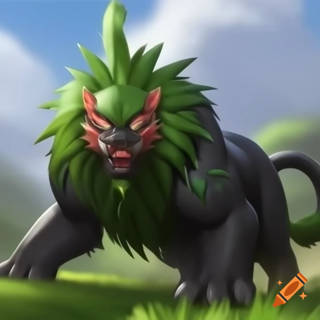 Powerful Grass/Dark-type jaguar Pokémon with leafy crown mane on Craiyon