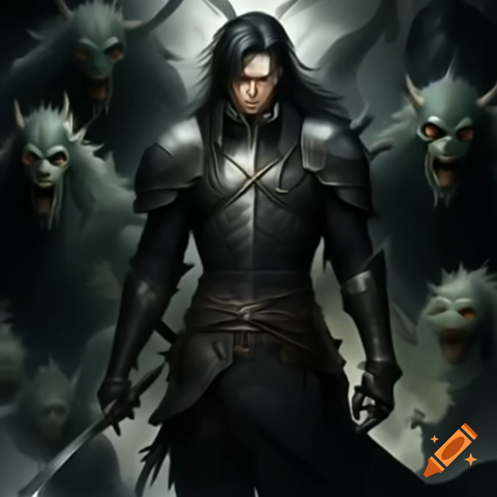 Man in black light armor with shadow Katana surrounded by shadow ...