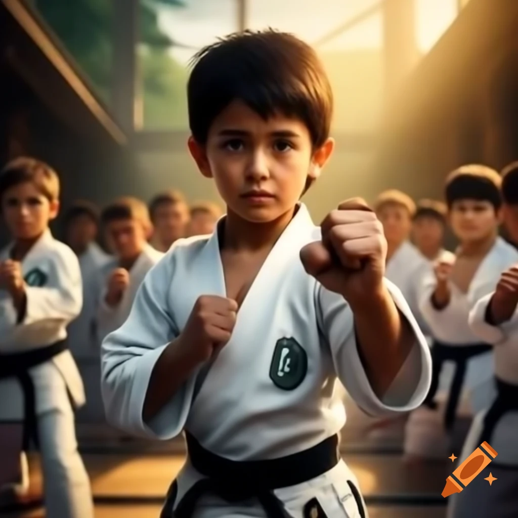 Young karate artists in focused postures with master in sunlit dojo on ...