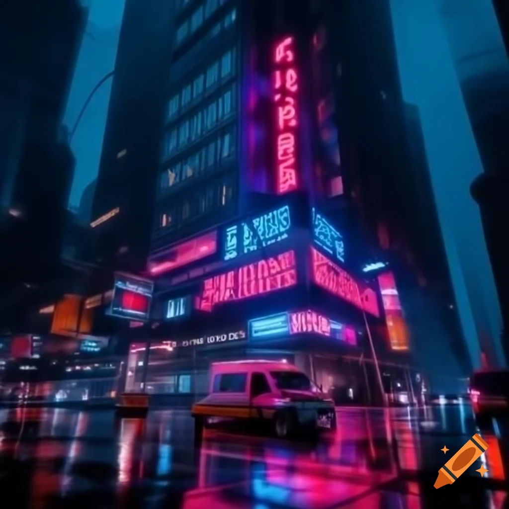 Neon-lit rainy cityscape with reflections on chrome delivery drone ...