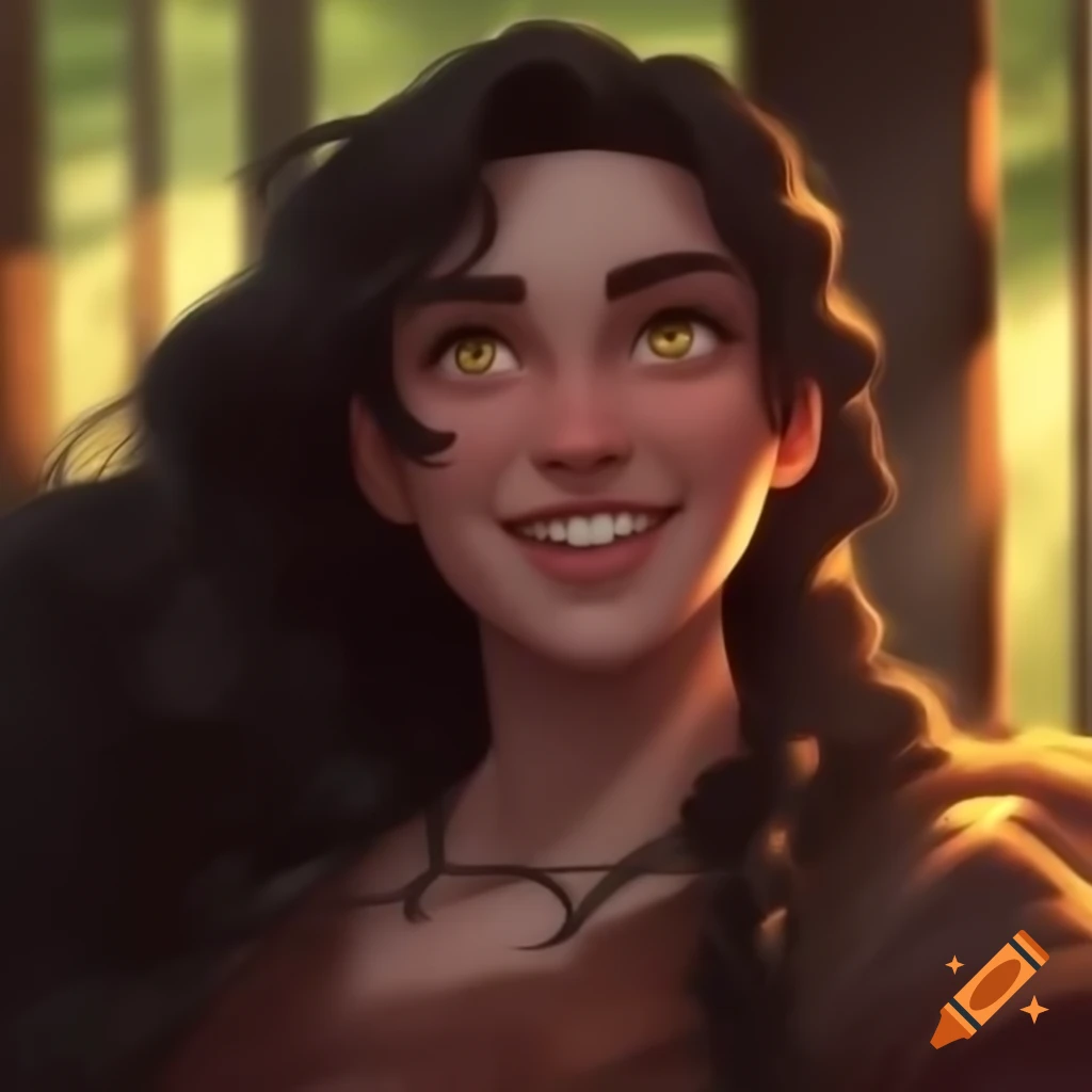 Portrait of a woman with fair complexion and dark wavy hair, showcasing ...