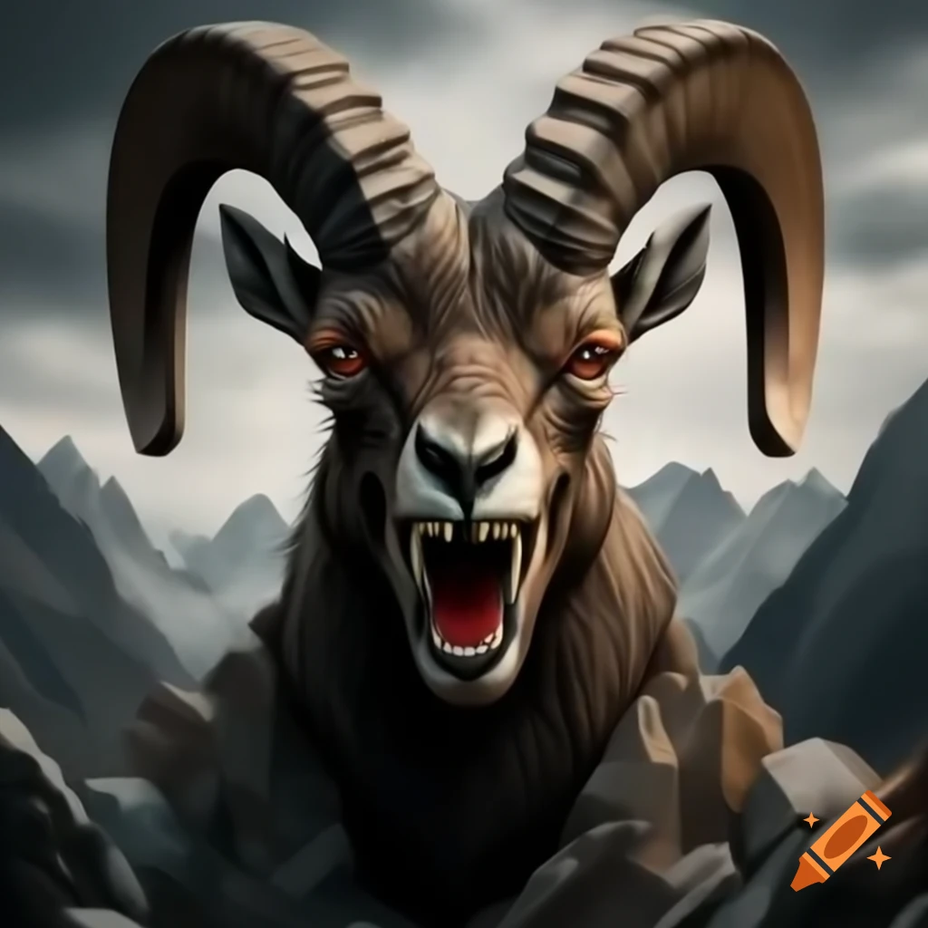 Aggressive rocky mountain ibex head with sharp horns against mountain ...