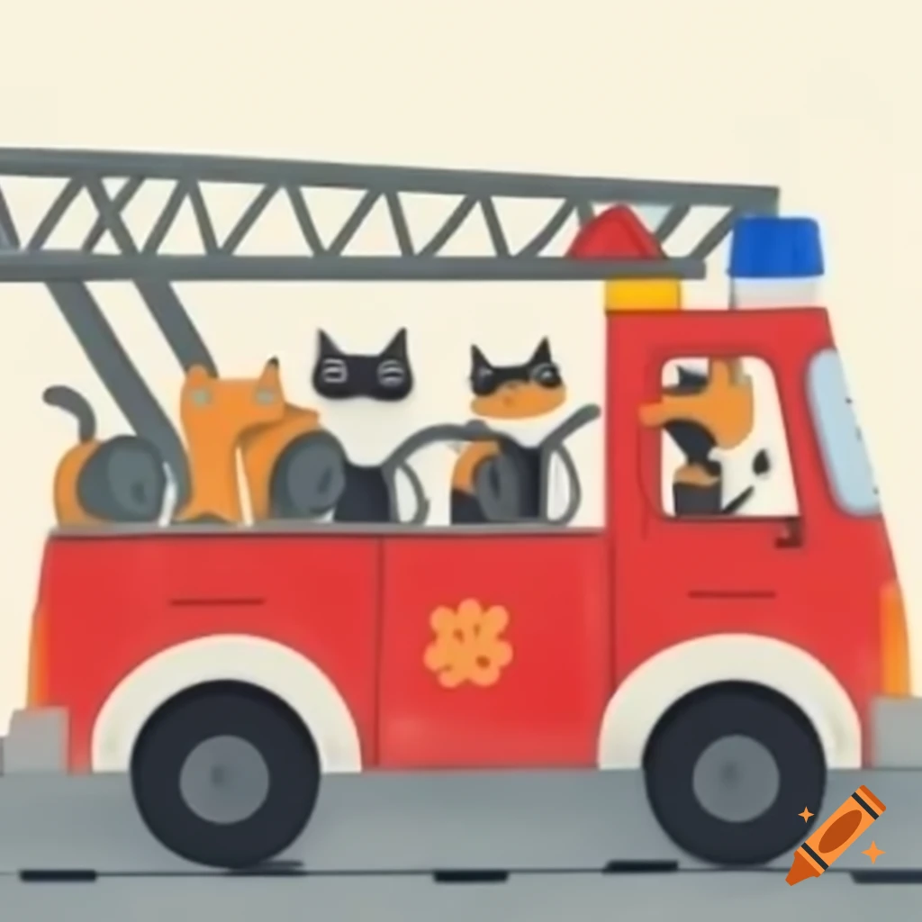 Cats in firefighter gear driving a red fire truck on Craiyon