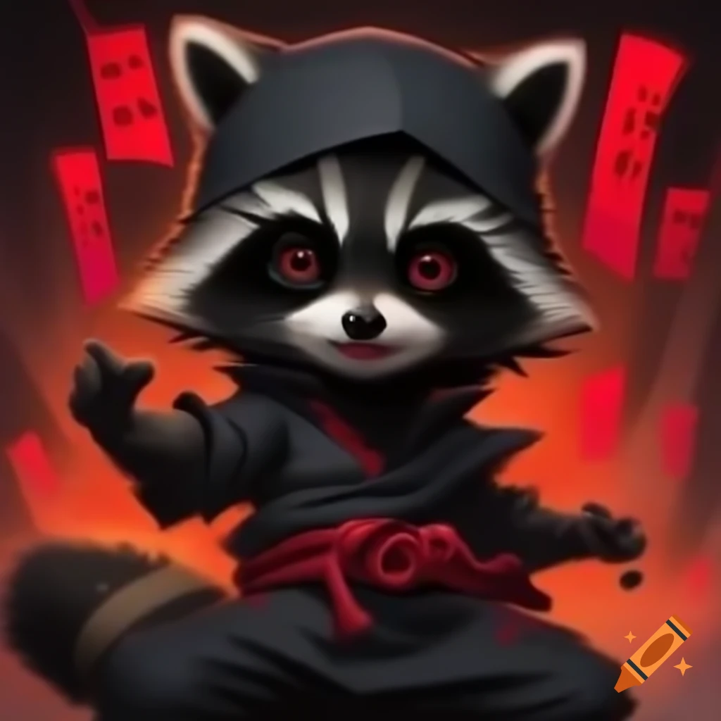 Mischievous raccoon in ninja outfit striking a pose amidst glowing ...